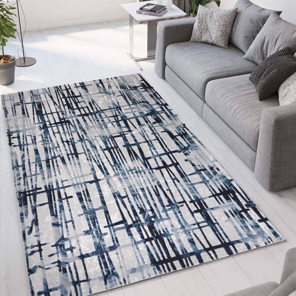 Tapis gris bleu à poils courts de design contemporain moderne Double ...