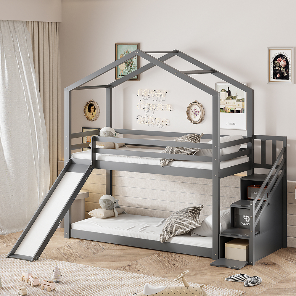 Lit superposé Lit d'enfant Lit 90x200 cm avec toboggan et échelle de rangement Gris | Leroy Merlin