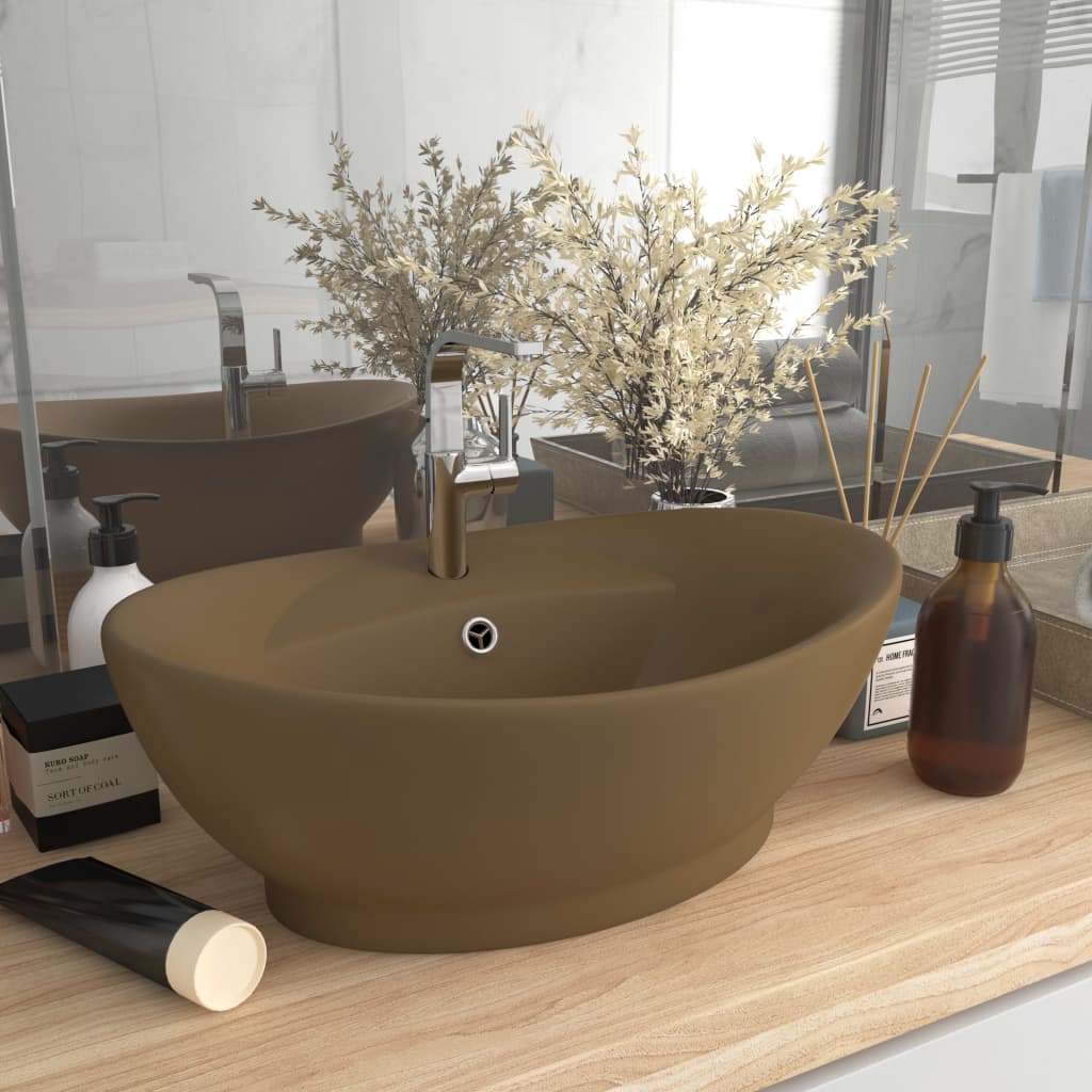 Lavabo ovale de luxe à trop-plein Crème mat 58,5x39cm Céramique | Leroy ...
