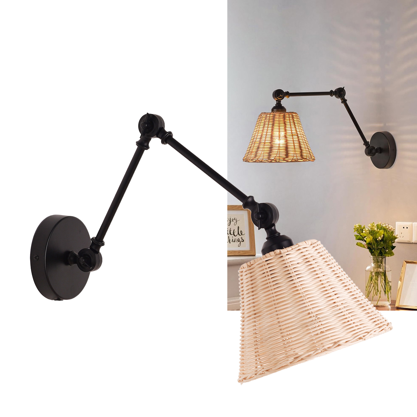 Lampe murale avec bras extensible et abat-jour en rotin style rustique ...