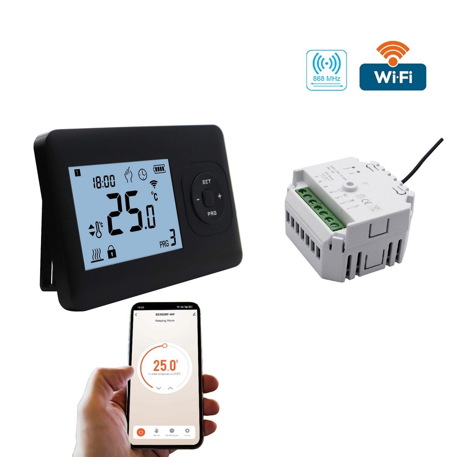 Thermostat sans fil QH WiFi noir avec récepteur intégré 16A 3600W inkl. montage mural et ...