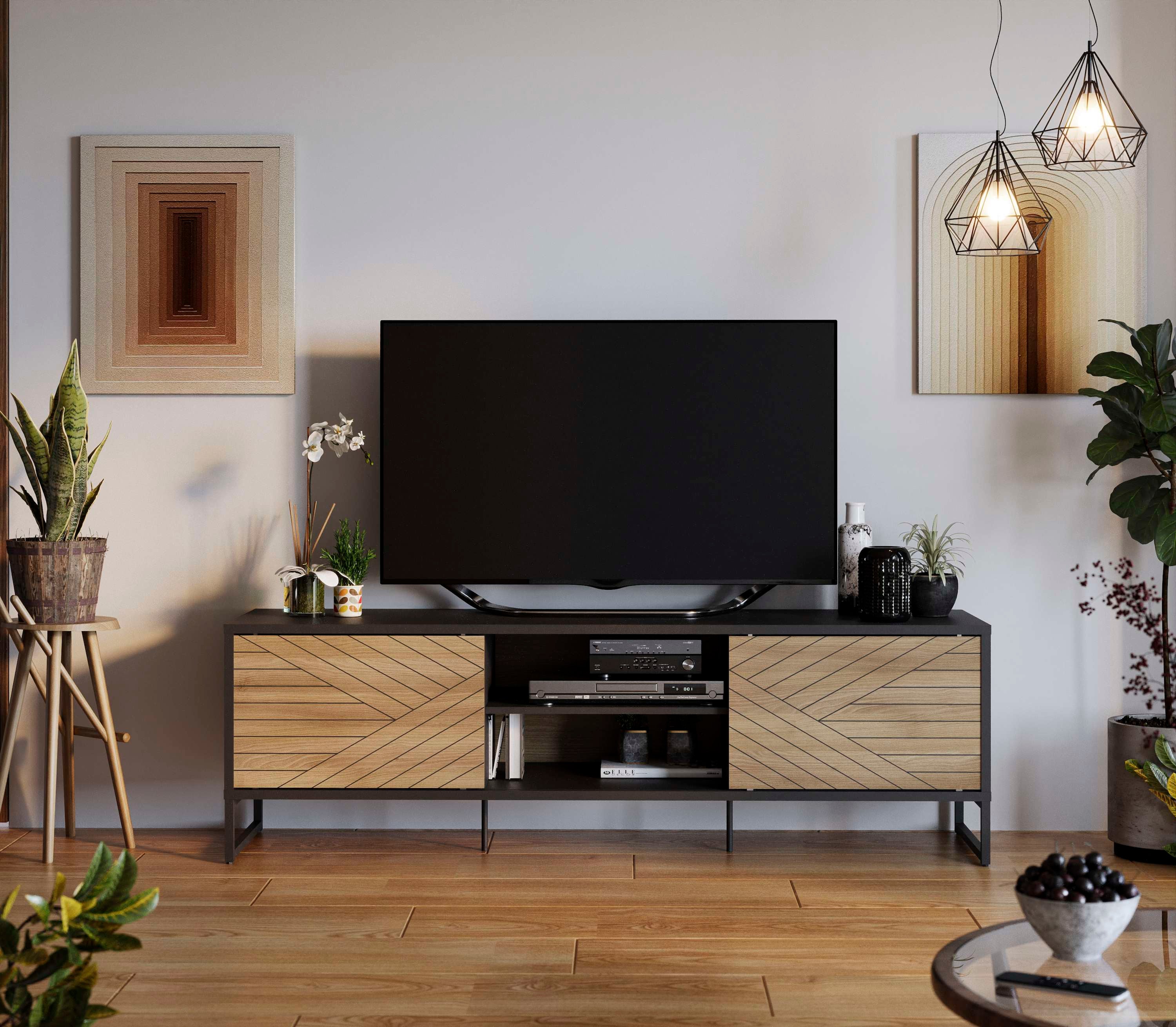 Mueble de TV 55x180x45 cm LANE 2 puertas correderas roble y negro ...