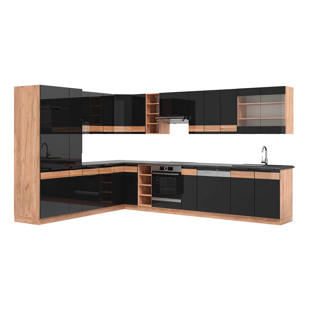 Vicco Cucina angolare completa Fame-Line, Rovere nero lucido/oro power oak, 347 x 257 cm , PL ...