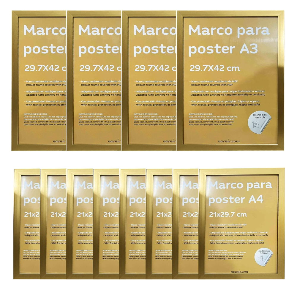 Nacnic-Set 12 Marcos-Madera MDF Dorado y Plexiglás-4 Marcos A3 y 8 ...