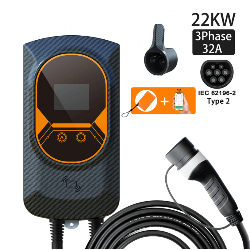 Borne de recharge connectée triphasé 22 kW 32A - Prise T2 - Noir/Orange ...