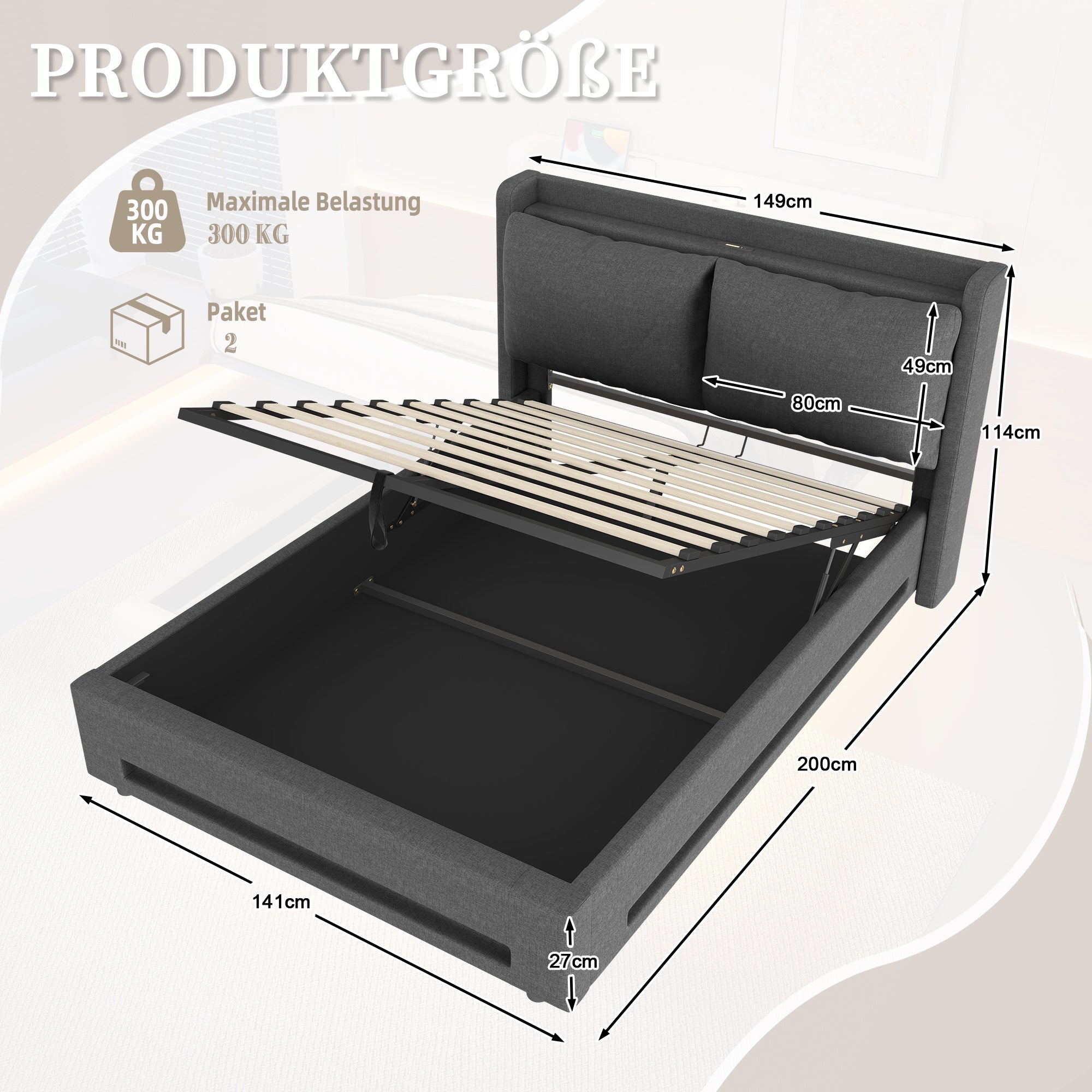 Lit coffre 140x190 cm Lit adouble avec rangements intégrés + recharge ...