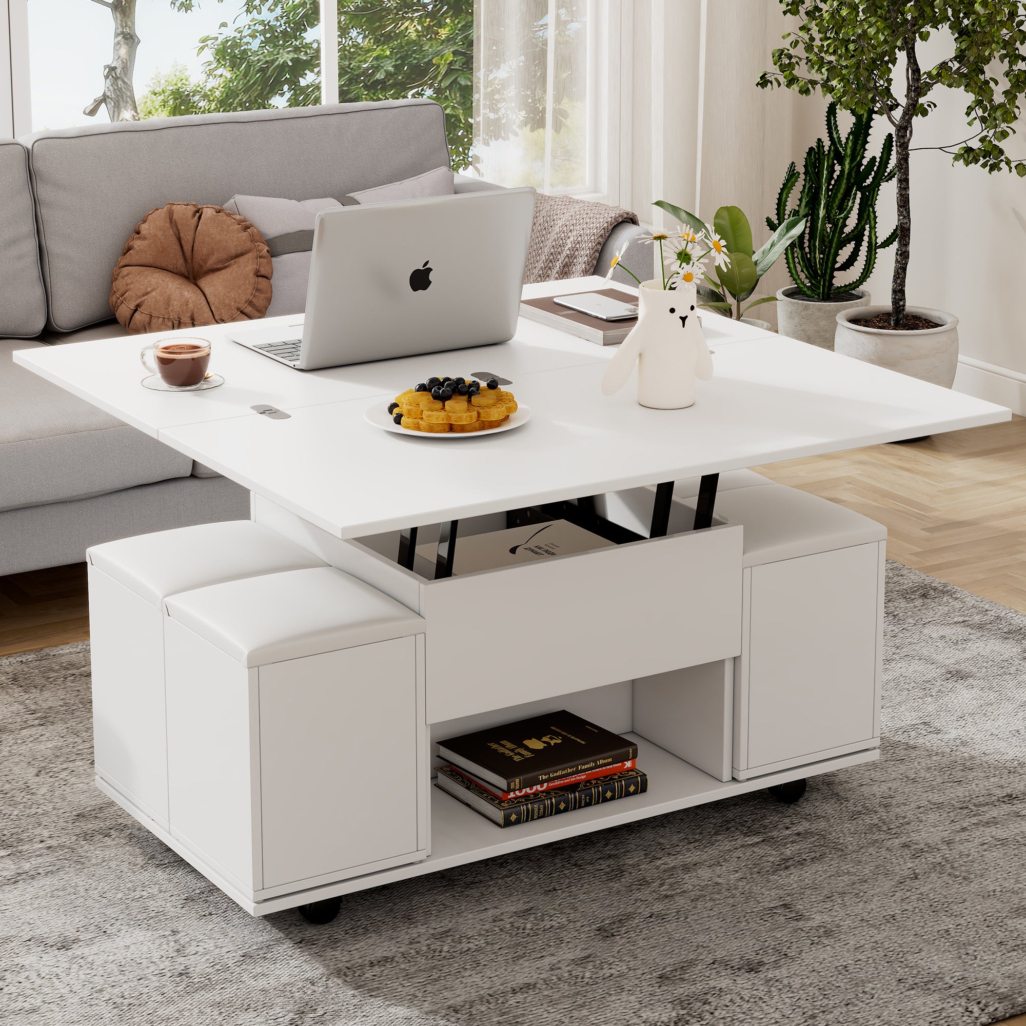 Table basse relevable avec 4 tabourets - 100 x 50 x 48 cm - Panneaux de particules - Blanc ...