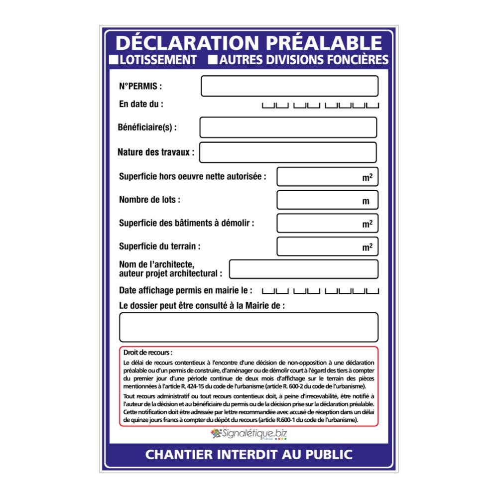 Panneau Déclaration préalable Déclaration préalable Lotissement/Autres ...