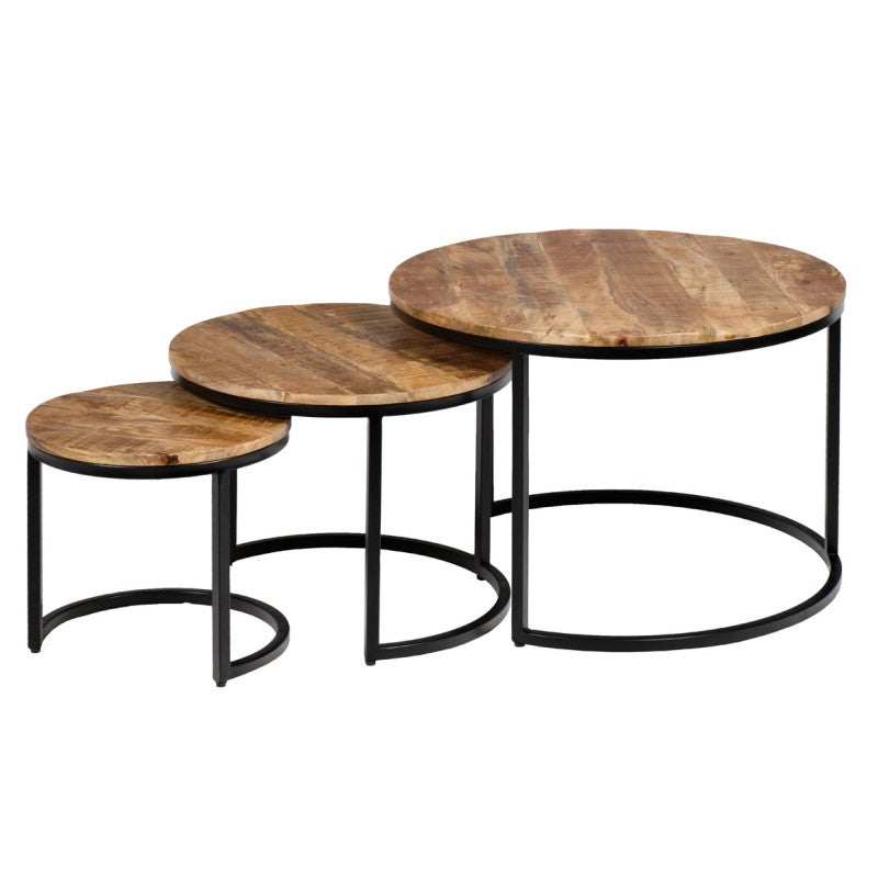 3 tables basses gigognes rondes bois de manguier pieds métal - MANHO ...