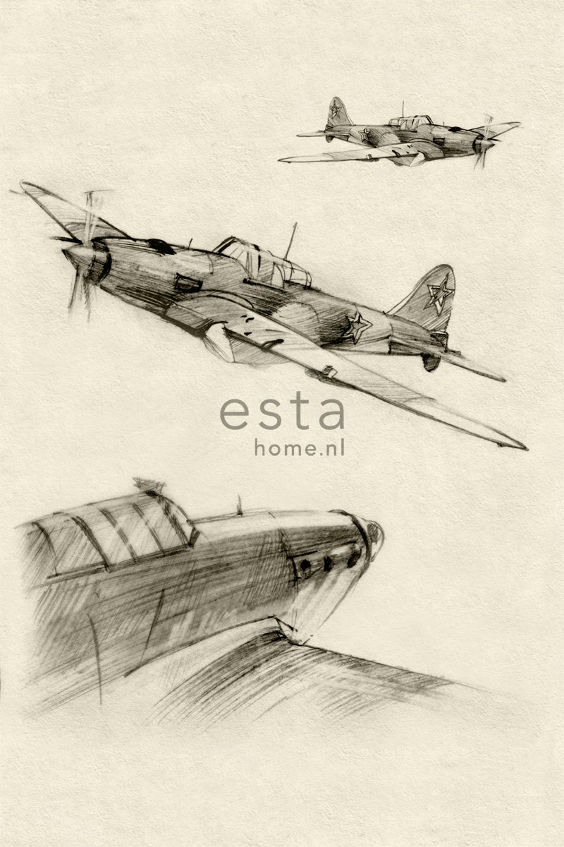 Fotomural aviónes dibujados beige y gris - 186 cm x 2,79 m - ESTAhome ...