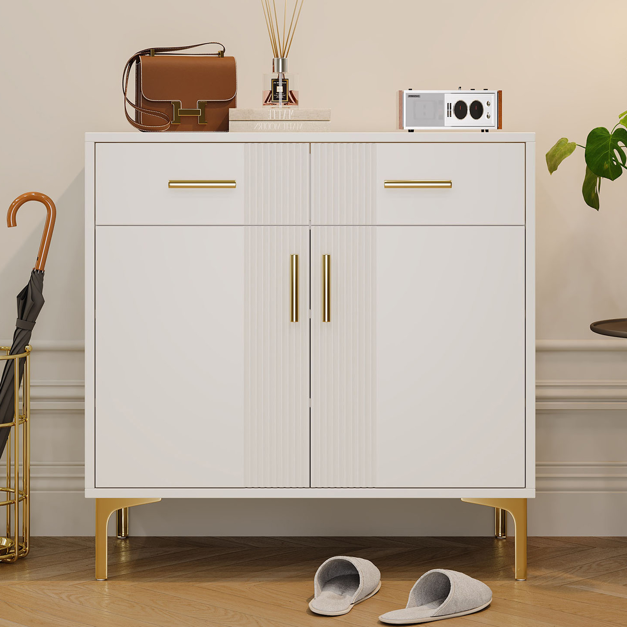 BRIGHTAKE – Commode Moderne 2 Portes 2 Tiroirs, Poignées Métal, Pieds ...