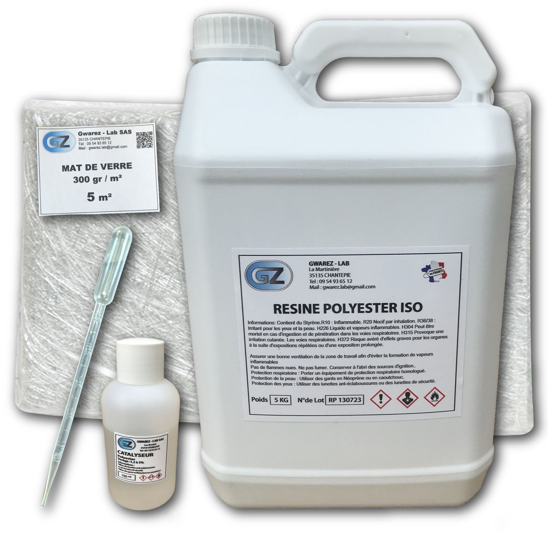 Résine Polyester iso 5 Kg + 5 m² Tissu de verre 300 gr/m² + Catalyseur ...