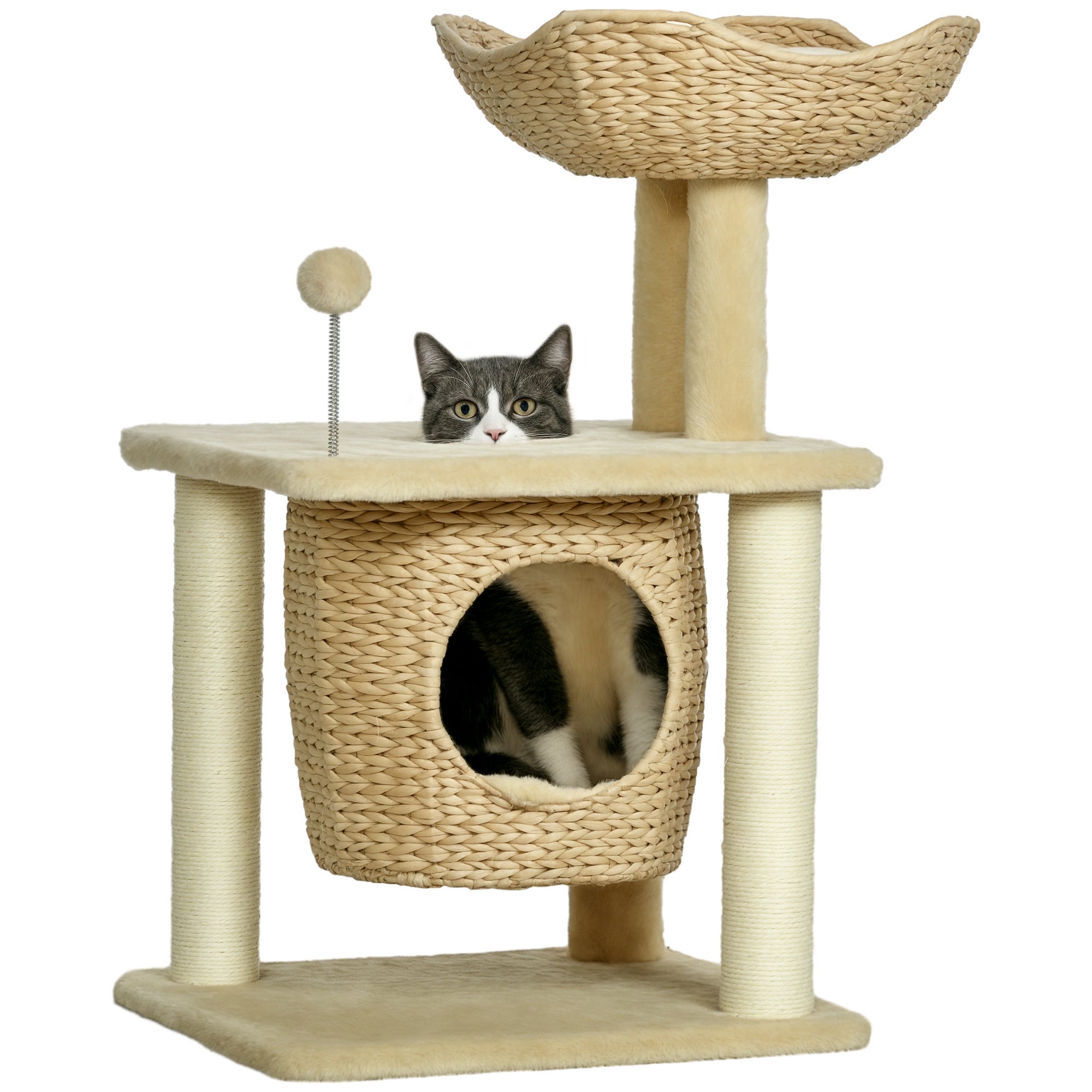 Arbre à chats griffoir sisal naturel 1 niche panier pompon peluche ...