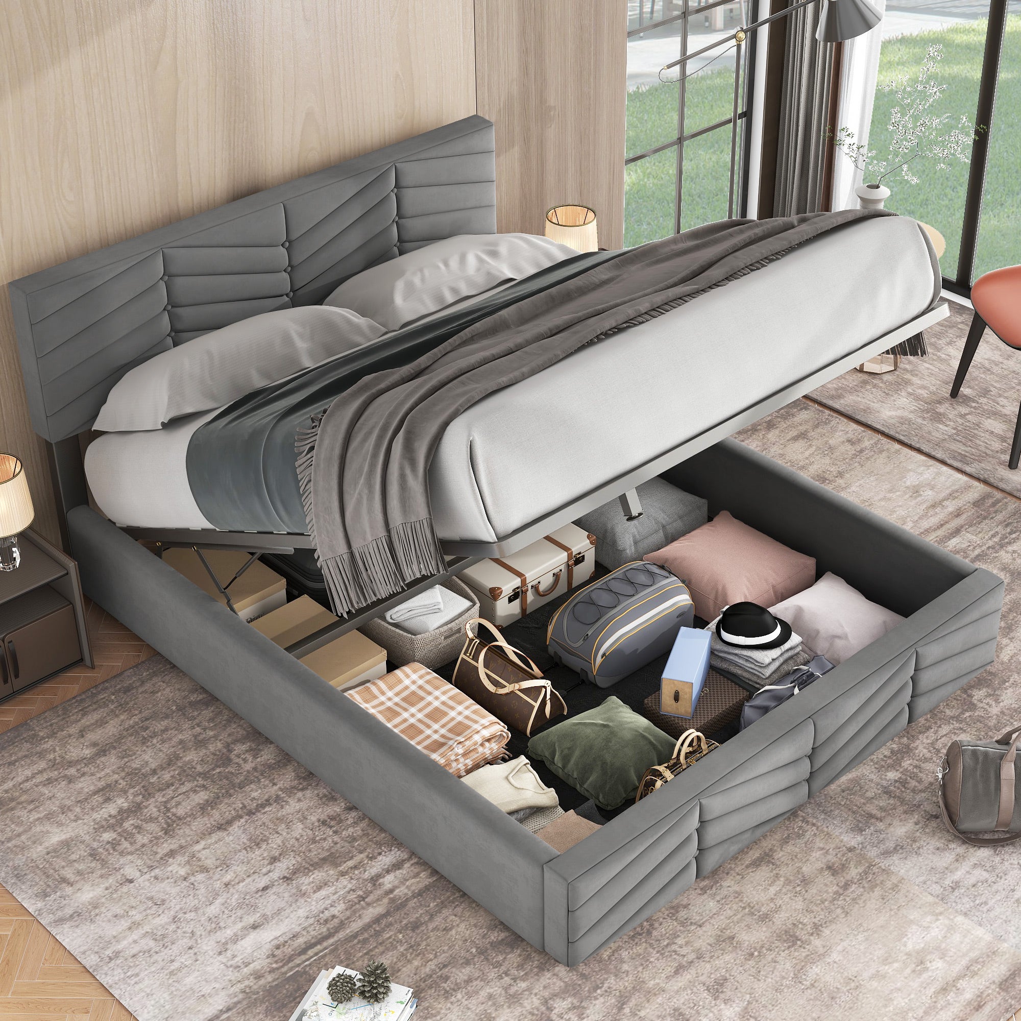 Lit coffre 140x190 cm Lit adulte Lit double capitonné avec tête de lit ...