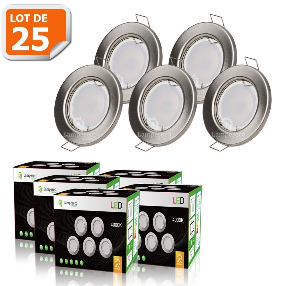 Lot De 25 Spot Led Encastrable Complète Ronde Fixe Alu Brossé Blanc