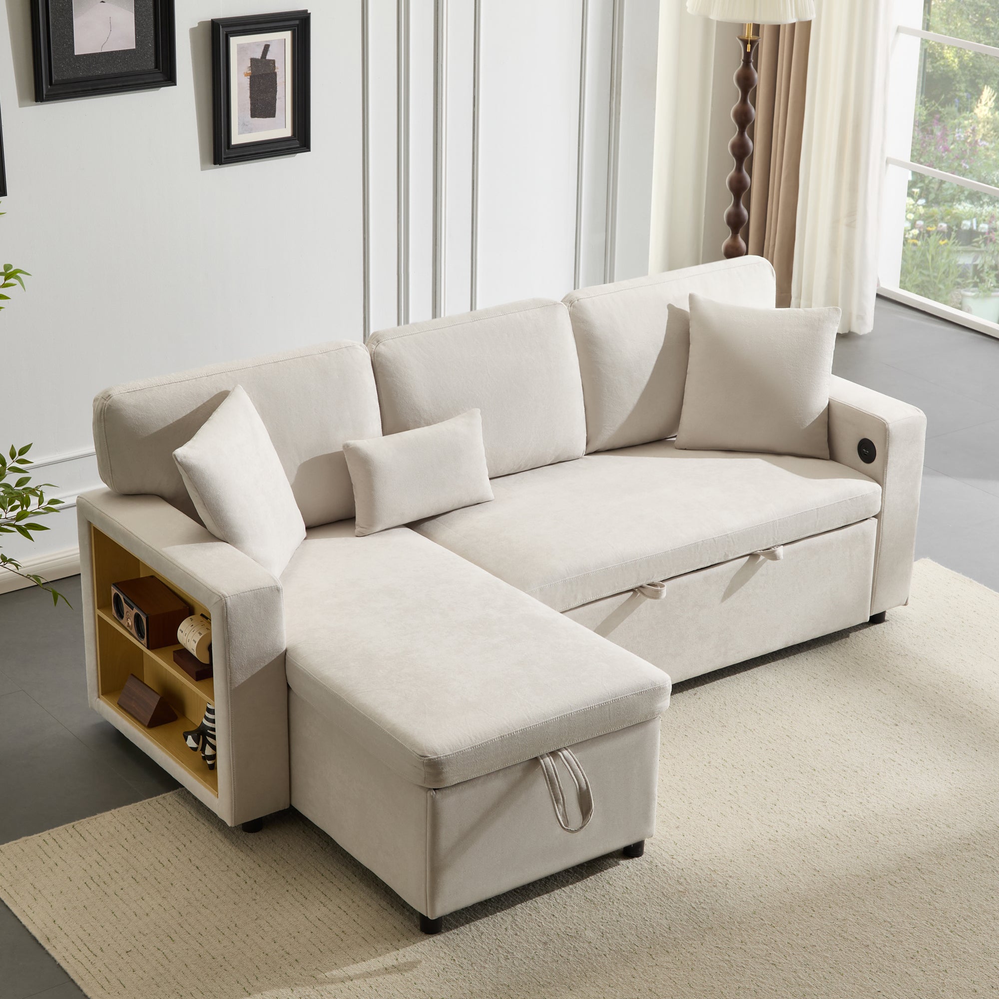 Sofá cama esquinero beige con almacenaje, puerto USB, estante lateral ...