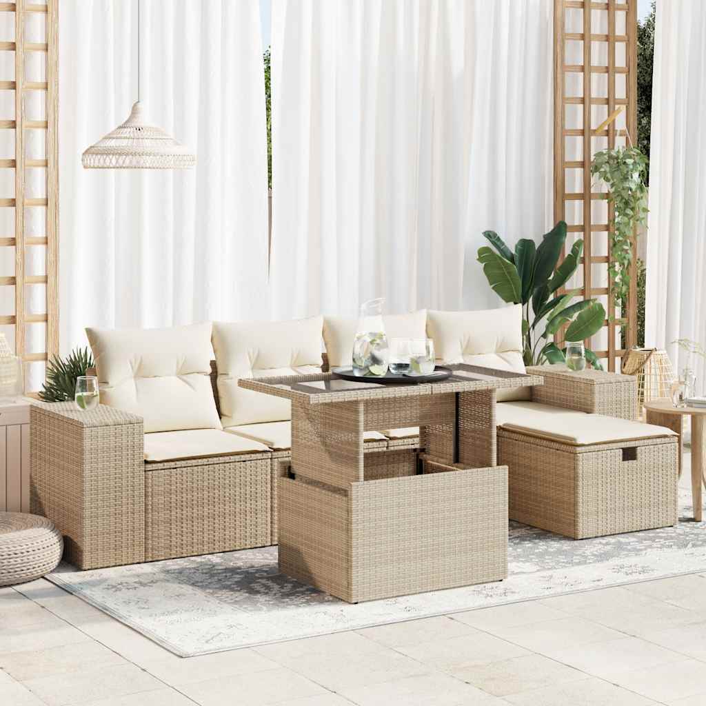 Muebles de jardín con cojines 6 piezas resina tejida beige | Leroy Merlin