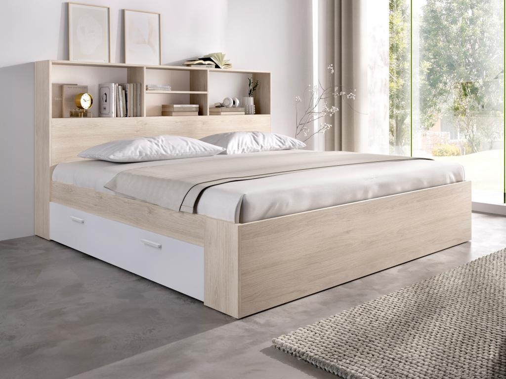 Cama 140 x 190 cm con almacenamiento - Color: Natural y blanco + Somier ...