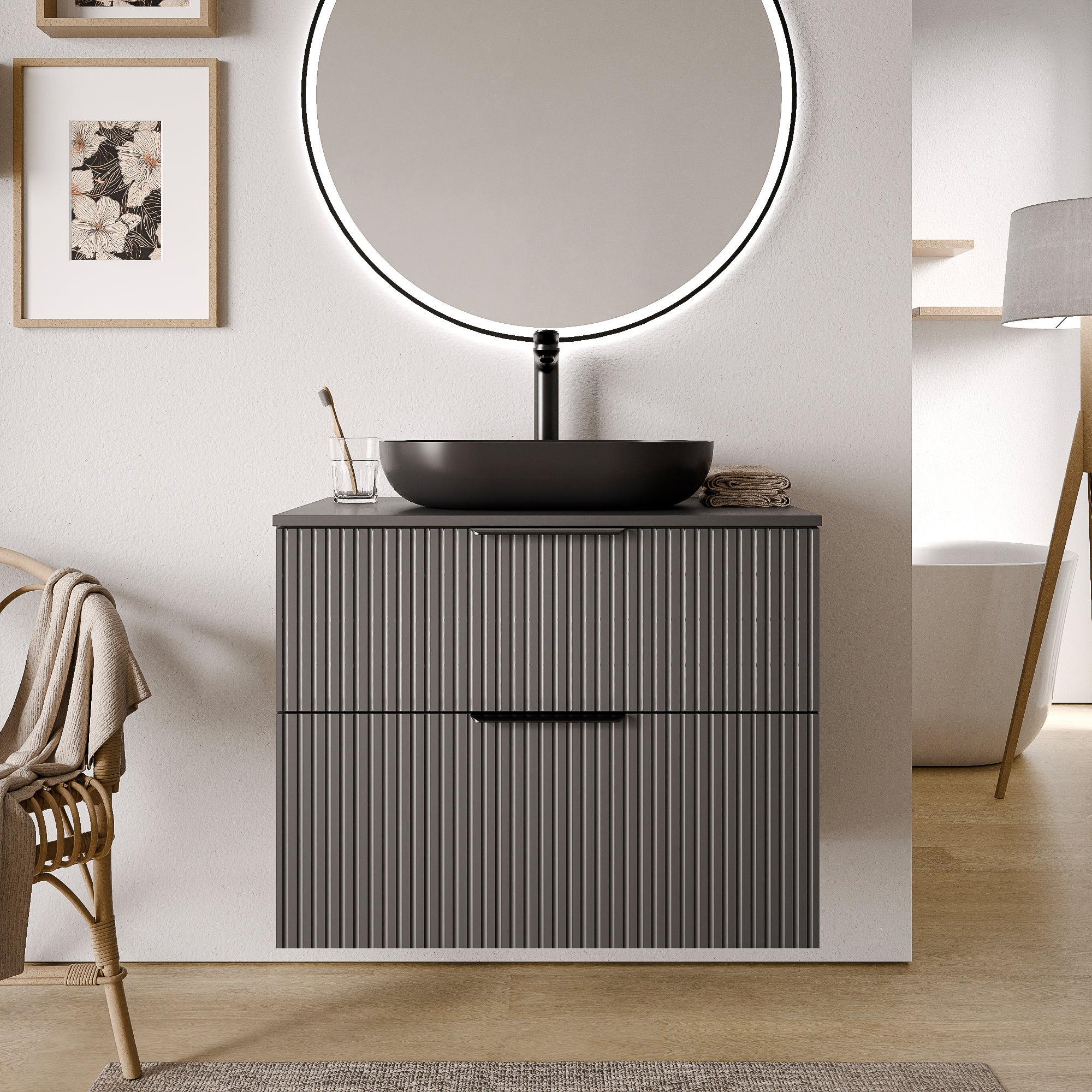 BERNSTEIN - Mobile lavabo sospeso MDF Antracite opaco rigato 80x46x62cm ...