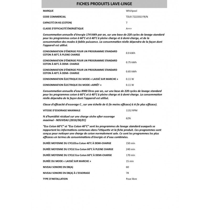 Lave-linge top 7kg 42L WHIRLPOOL 1200tr/min 40cm E, TDLR 72223 SSFRN ...