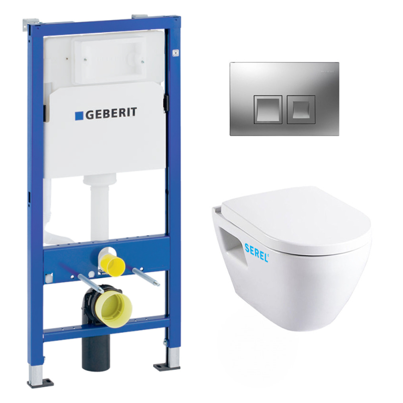 Pack WC Bati Geberit + cuvette Serel sans brides + plaque chrome ...