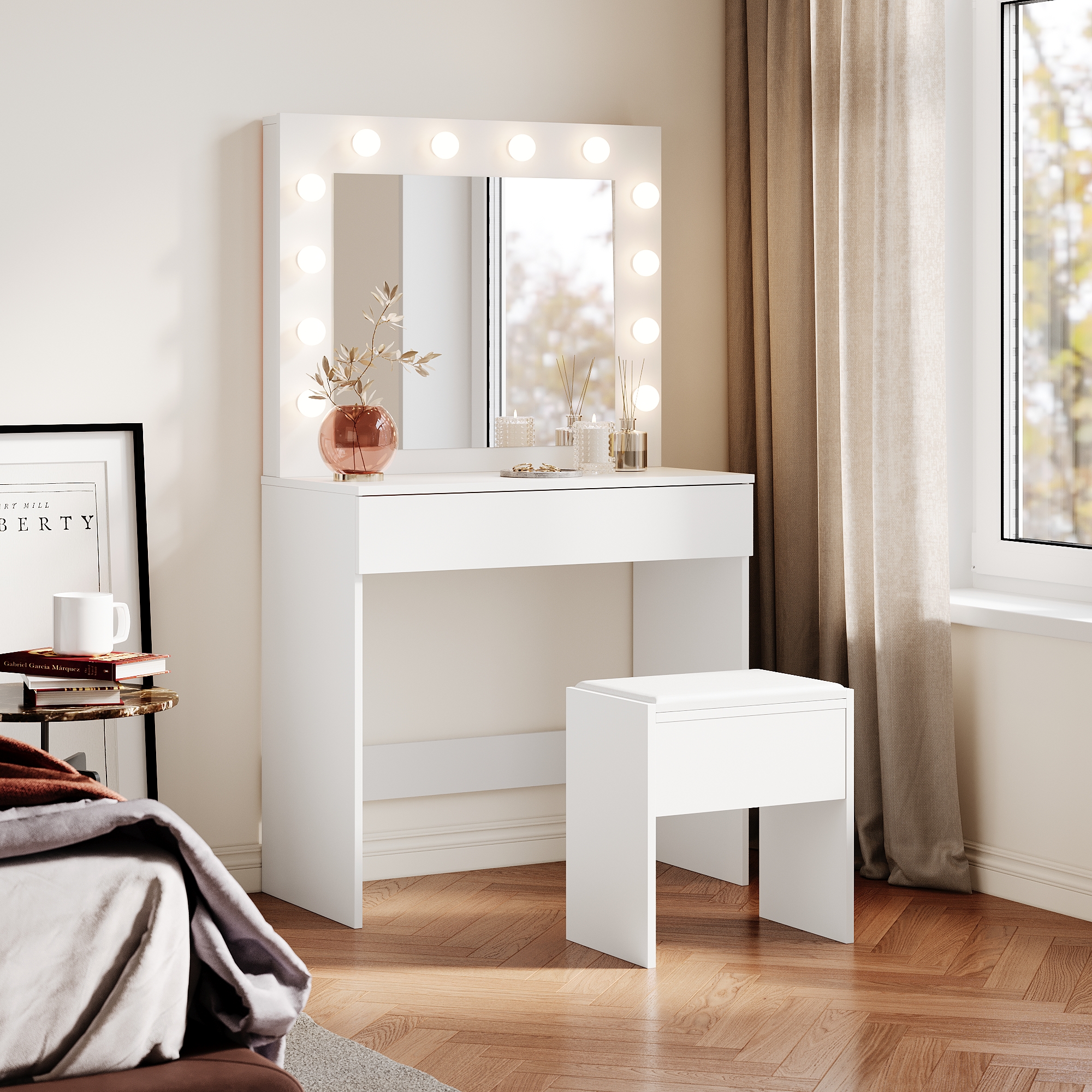 SIRHONA Coiffeuse avec Miroir et Tabouret Blanc,Ensemble de Coiffeuse ...