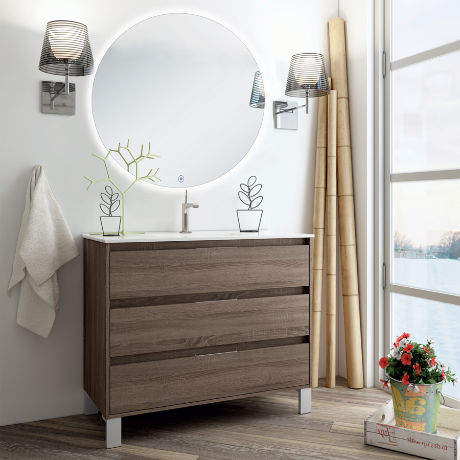 Meuble de salle de bain simple vasque - 3 tiroirs - TIRIS 3C et miroir rond Led SOLEN ...