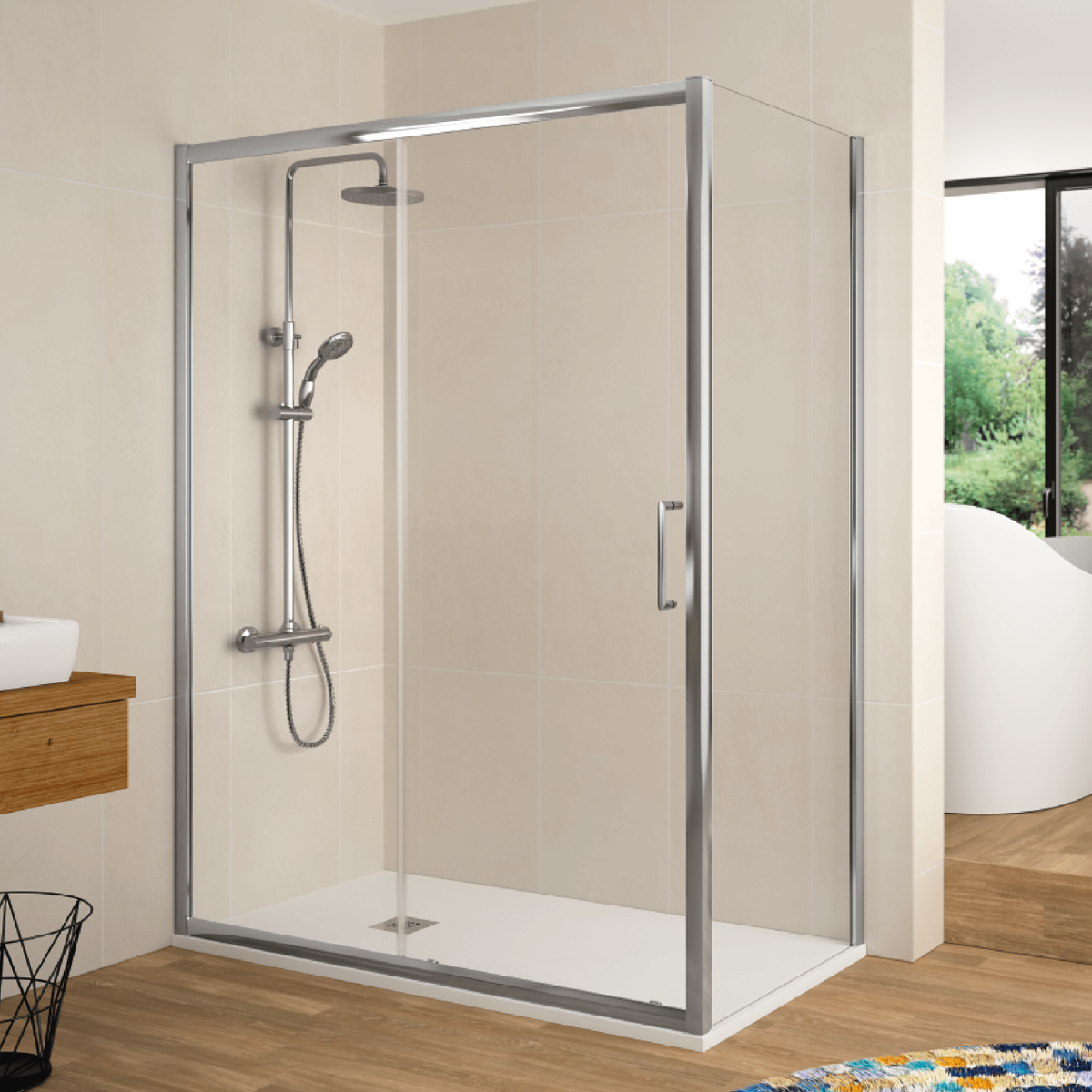 Paroi de douche fixe + Porte coulissante BELLA 150 cm Paroi latérale : 77 - 79 cm | Leroy Merlin