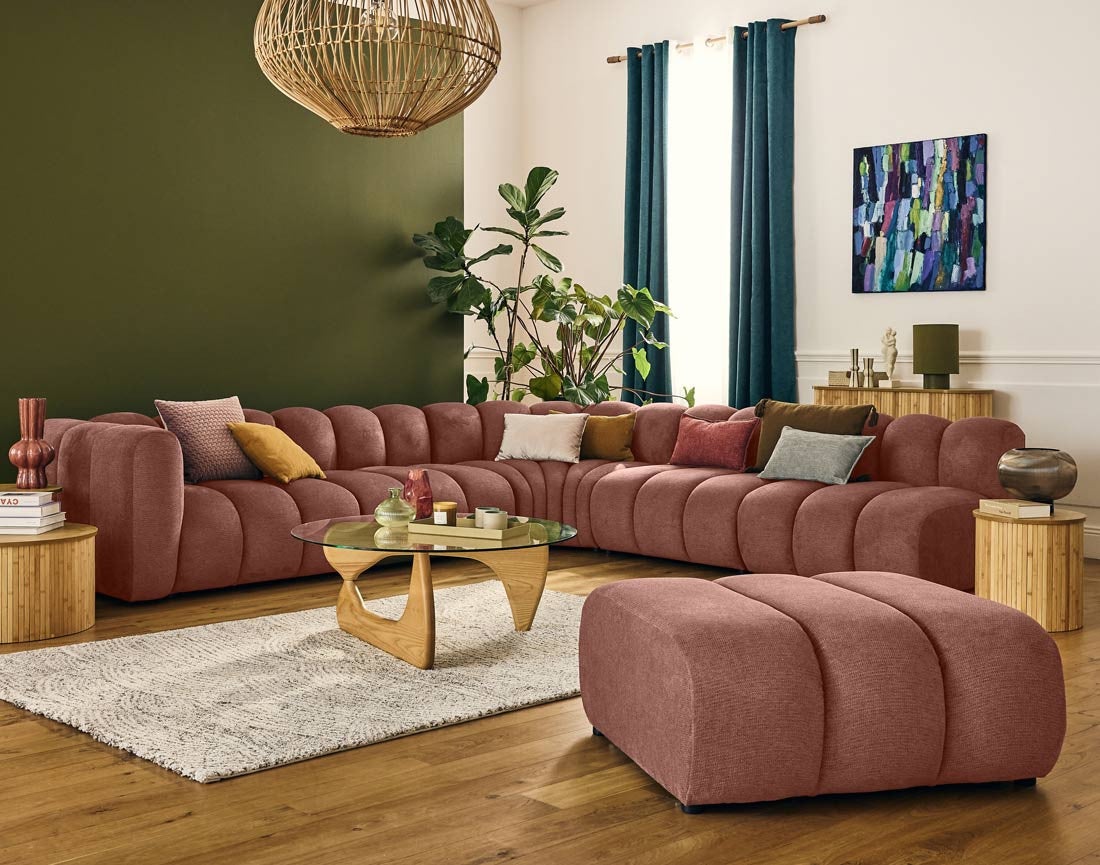 Canapé modulable 5 places angle droit en tissu texturé rose - DEBBIE ...