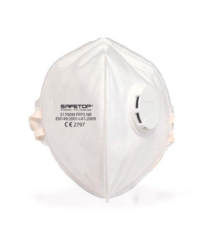 Mascarilla plegable vertical con válvula FFP3 NR contra polvos tóxicos SAFETOP - 12 unidades ...
