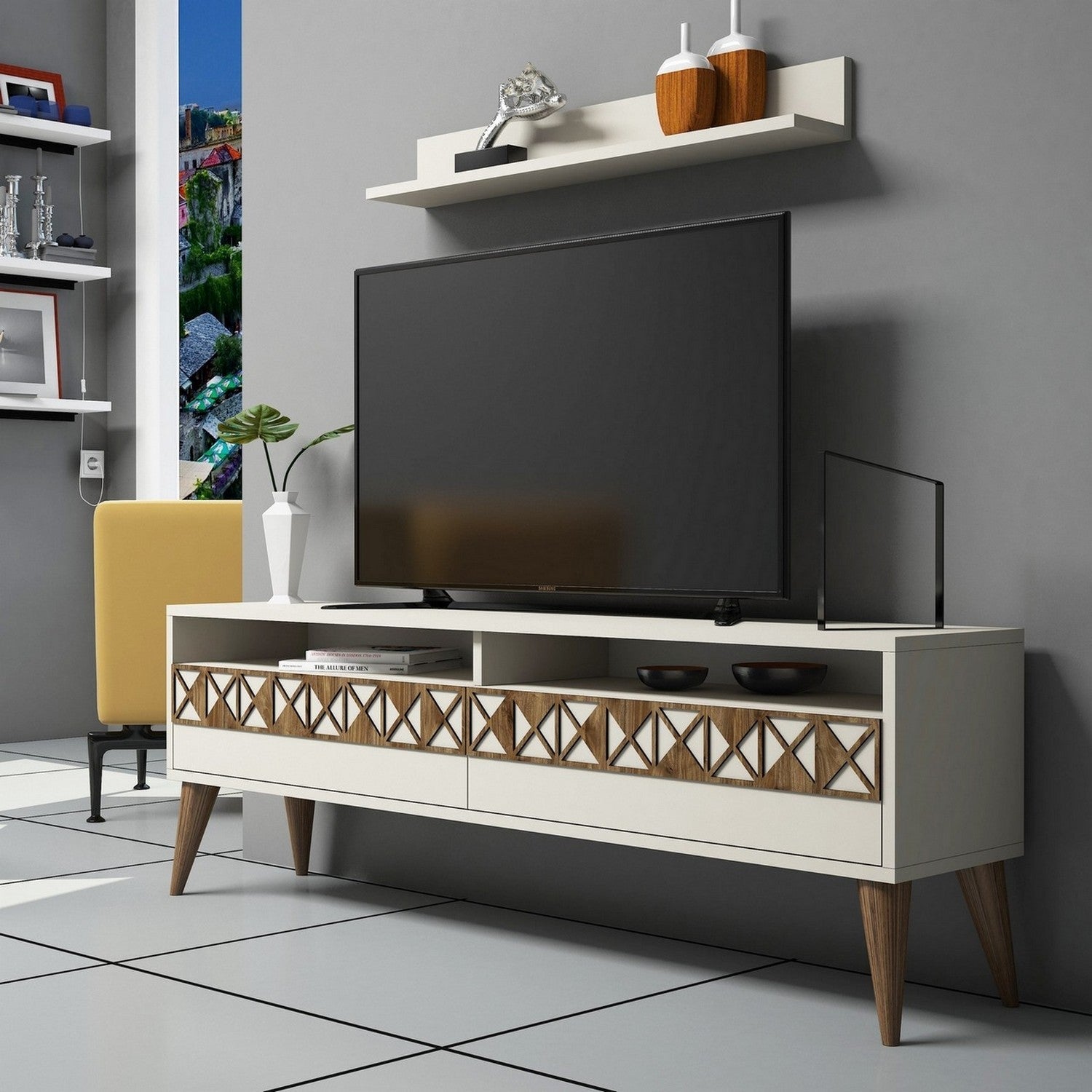 Meuble TV moderne crème avec étagère murale, largeur 150 cm, 100 % ...