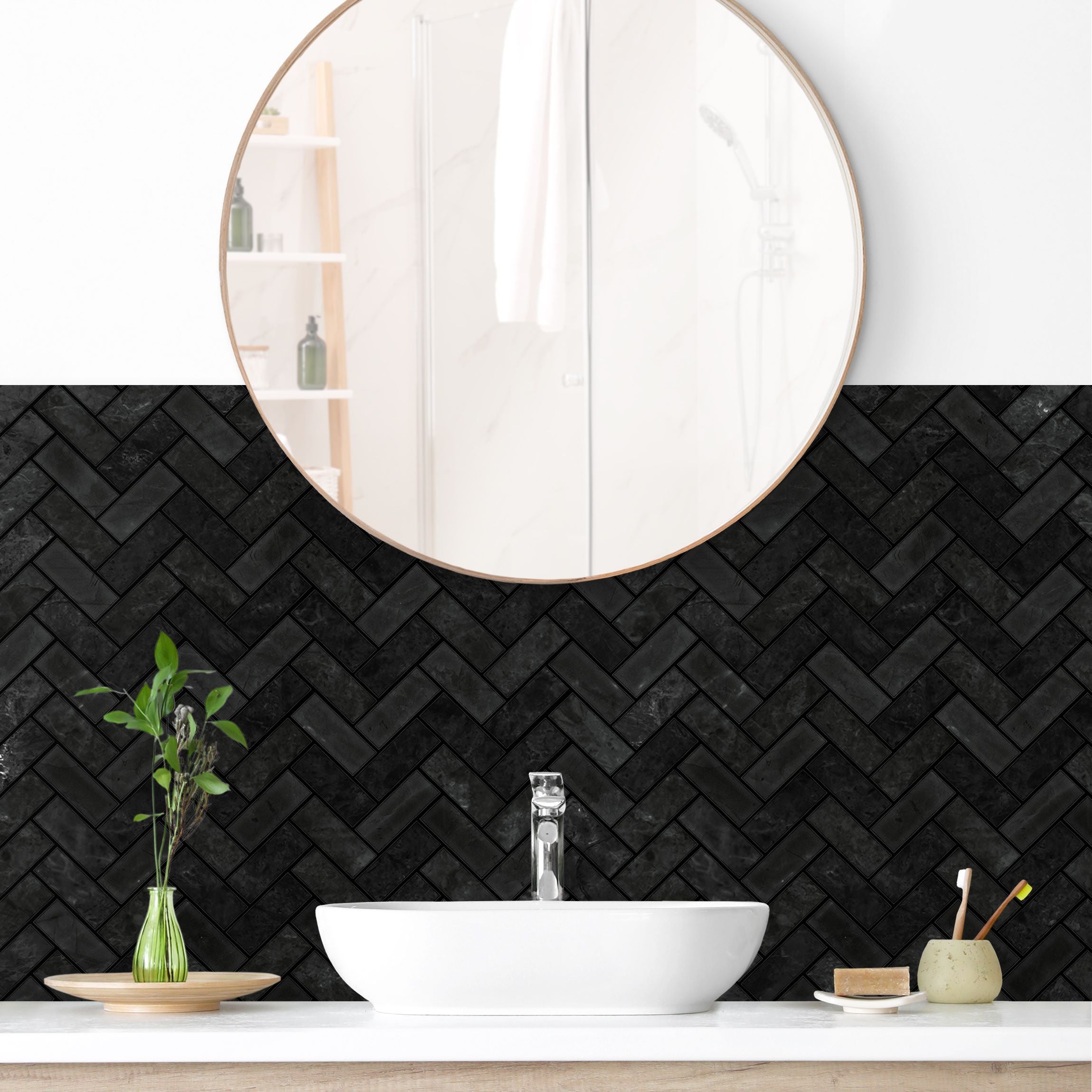 Revestimiento de pared para baño - Marble Fish Bone Tiles - Black Dark ...