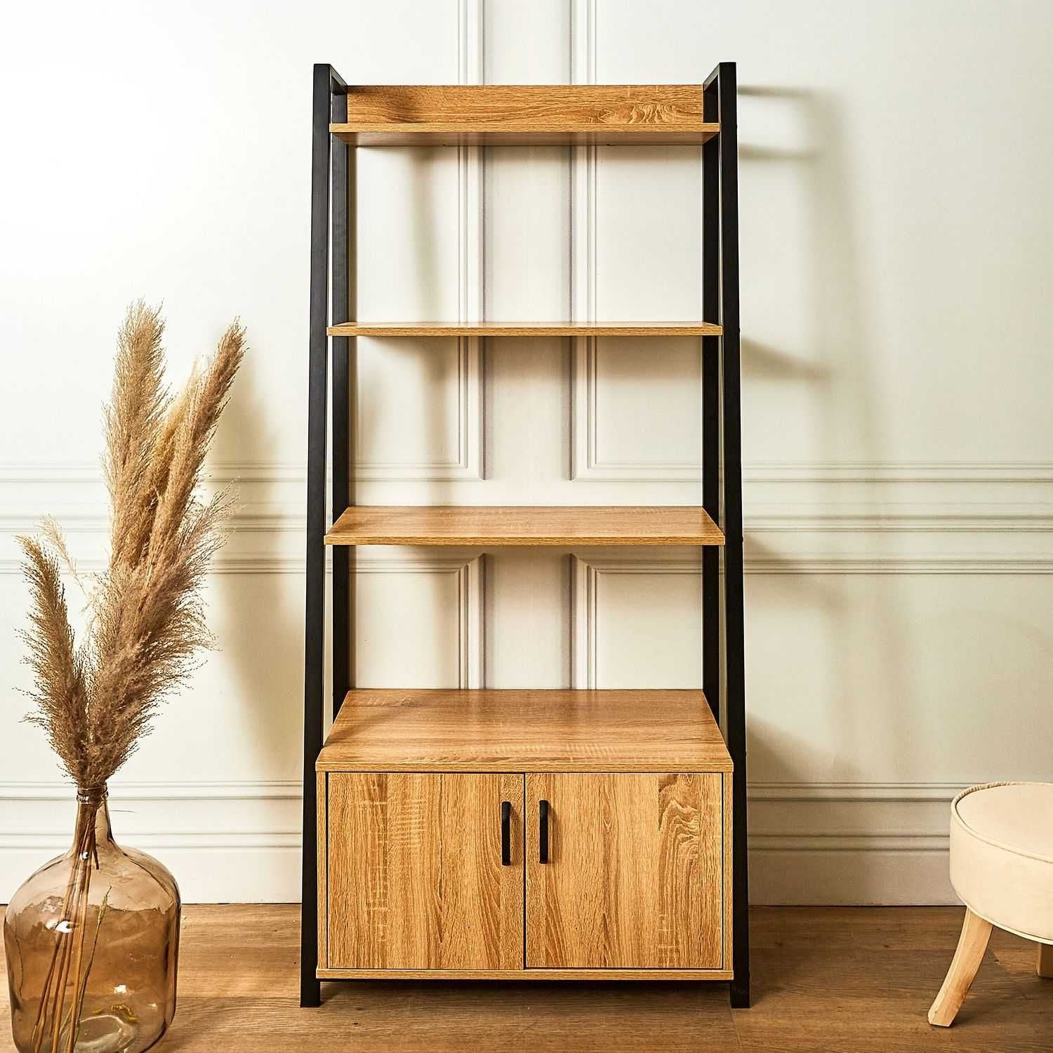 biblioth-que-en-bois-et-m-tal-marron-et-noir-leroy-merlin