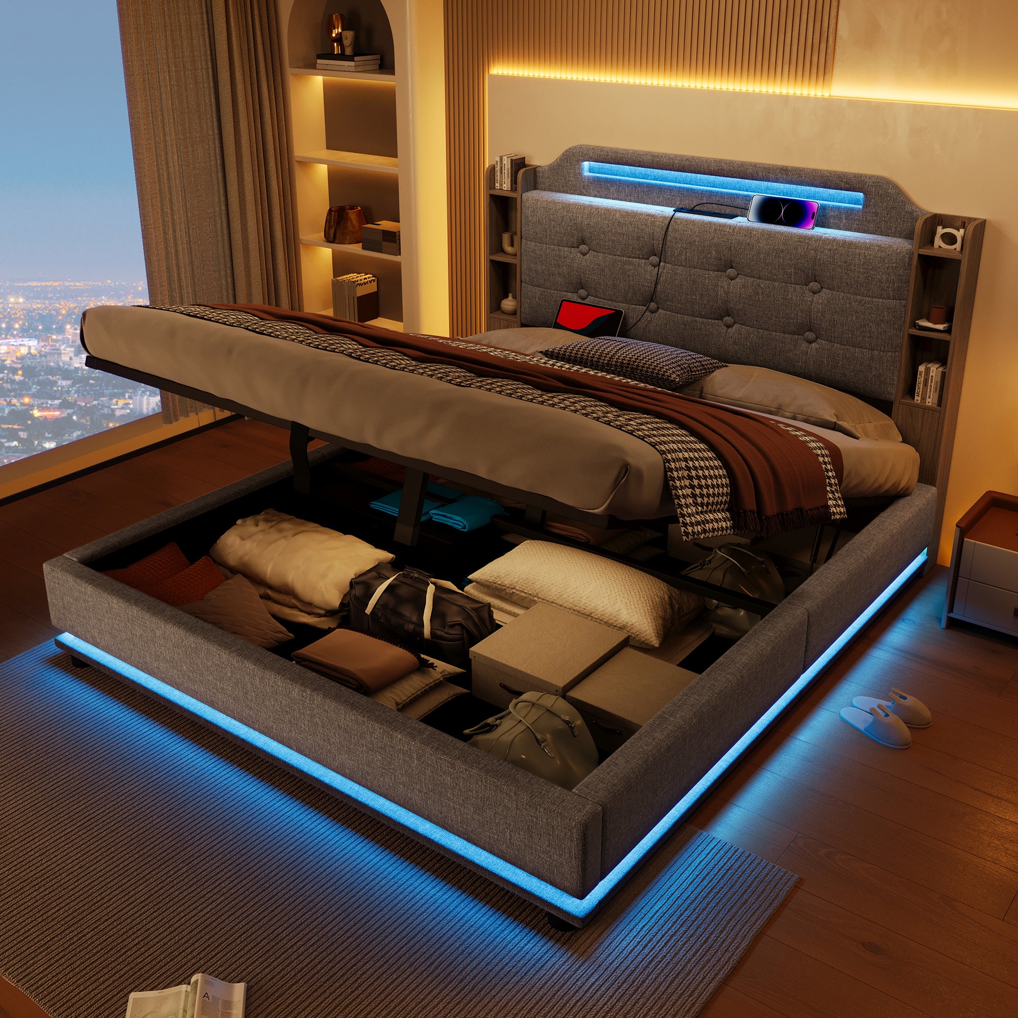 Lit capitonné 140x200cm - Avec bande LED, espace de rangement hydraulique, plusieurs étagères ...