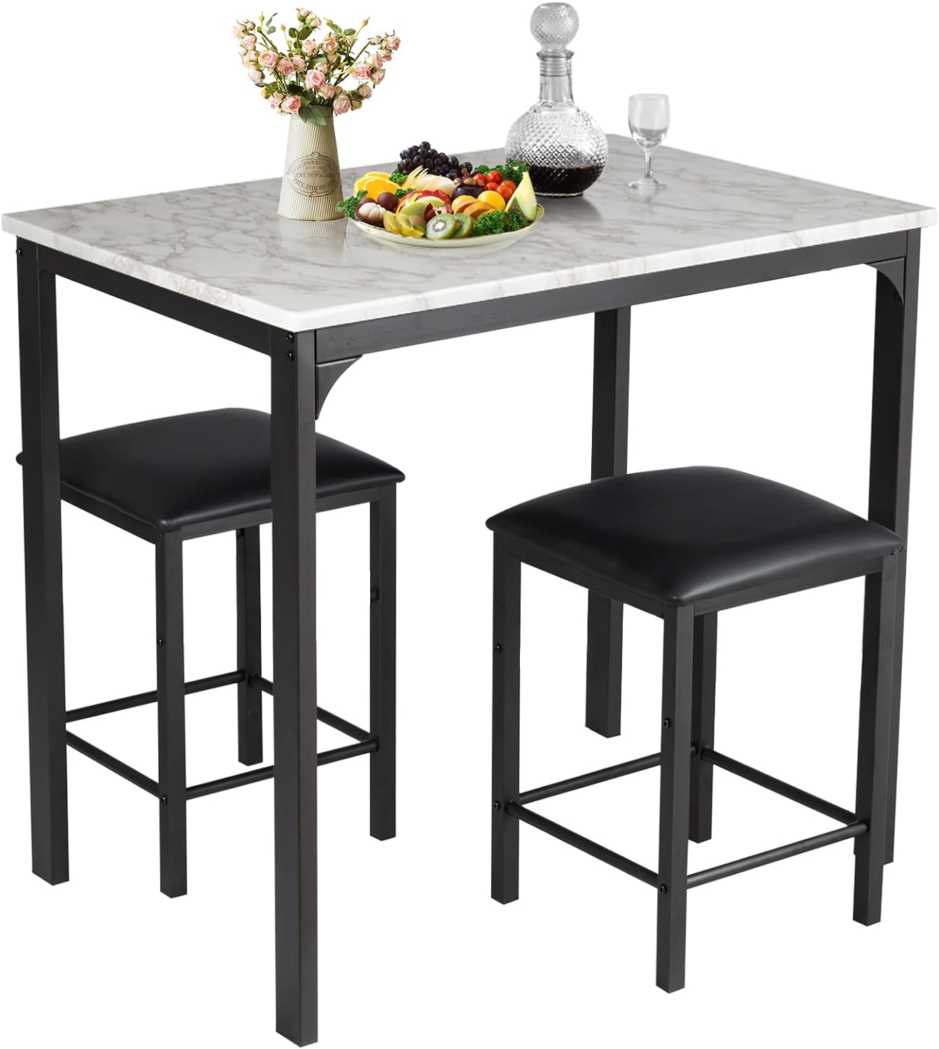 Table Haute Cuisine avec 2 Tabourets, Table Bar Cuisine Cadre en Métal ...