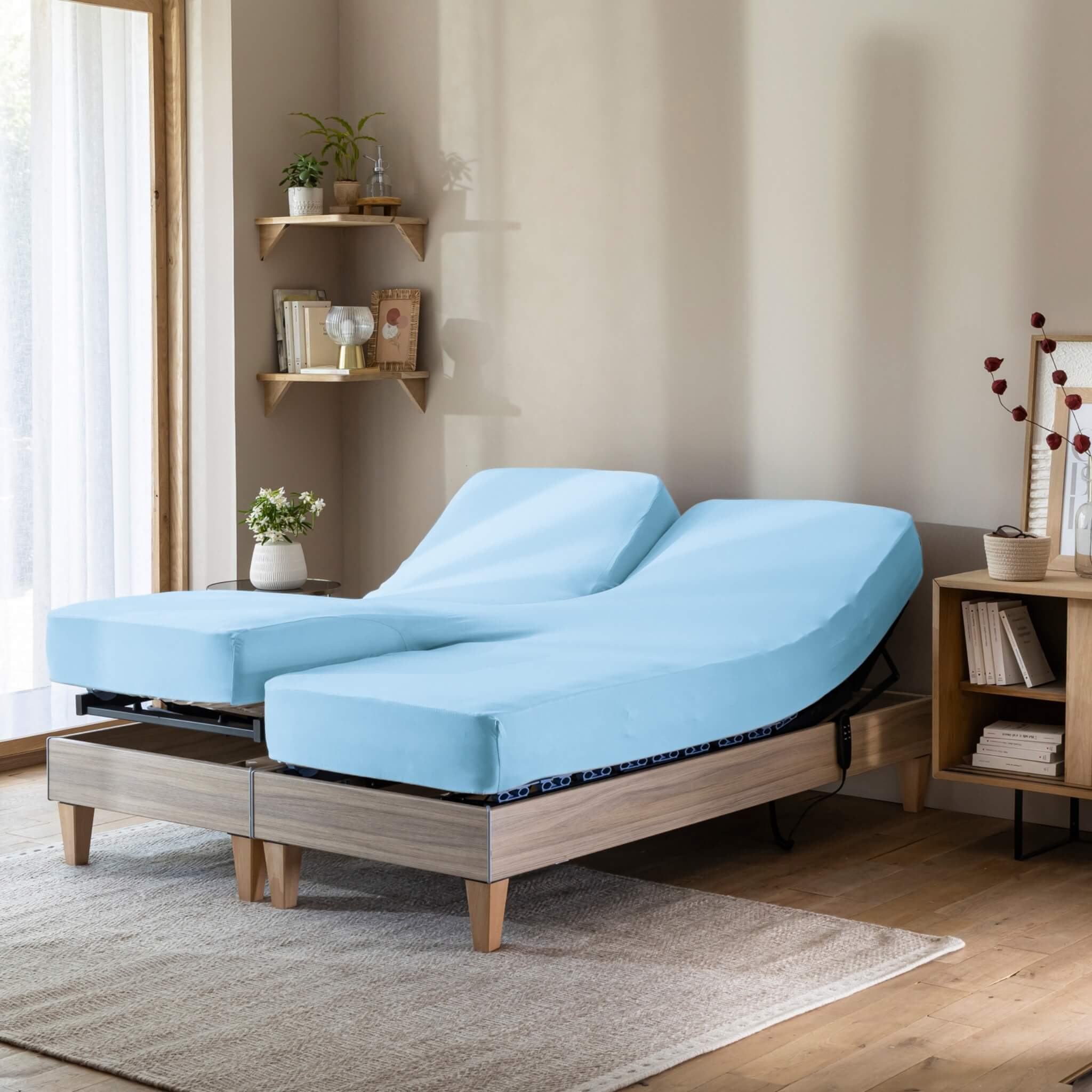 Drap housse bleu ciel pour lit articulé jersey extensible 2x90x200 ...