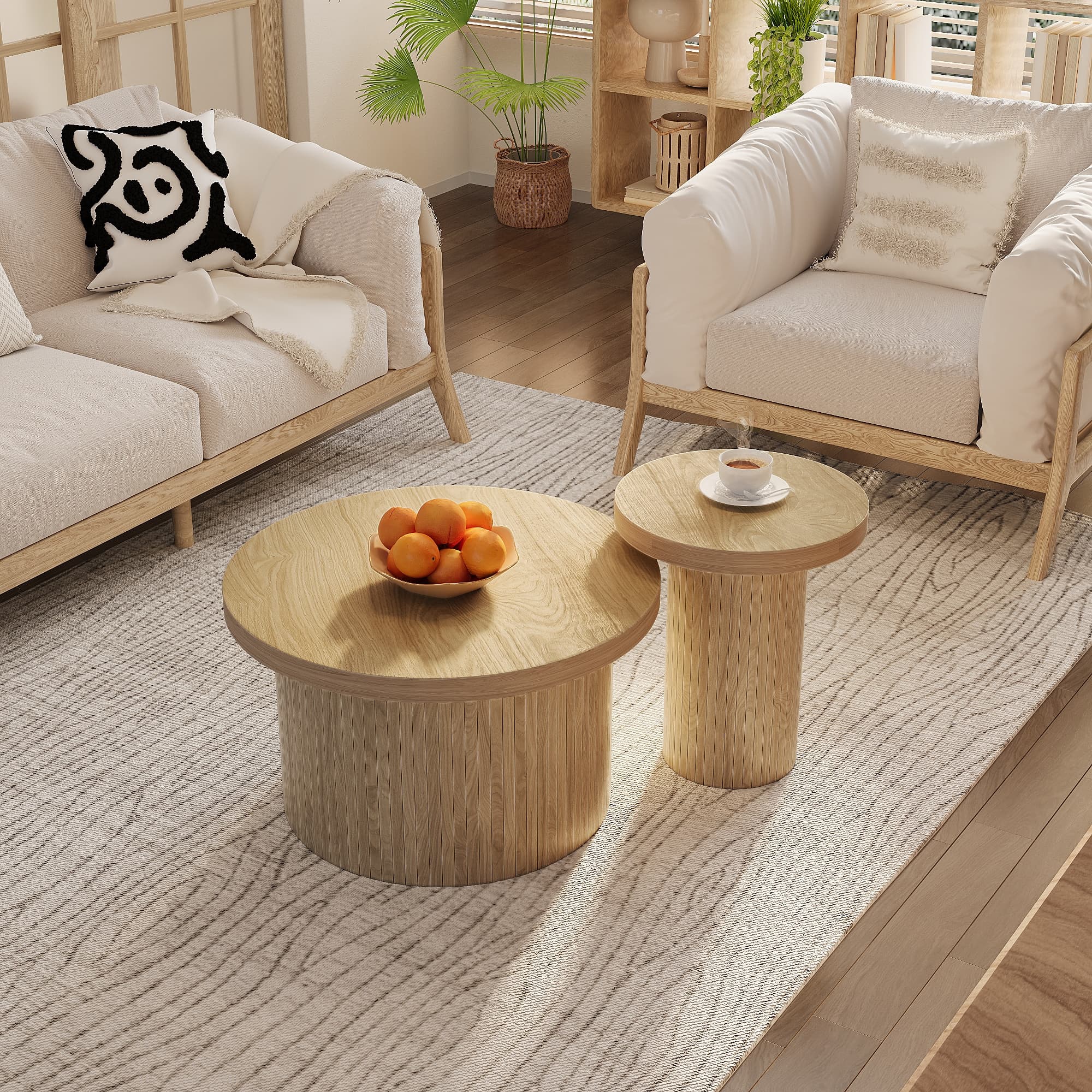 Mesa baja doble redonda - Mesa auxiliar con listones de madera natural ...