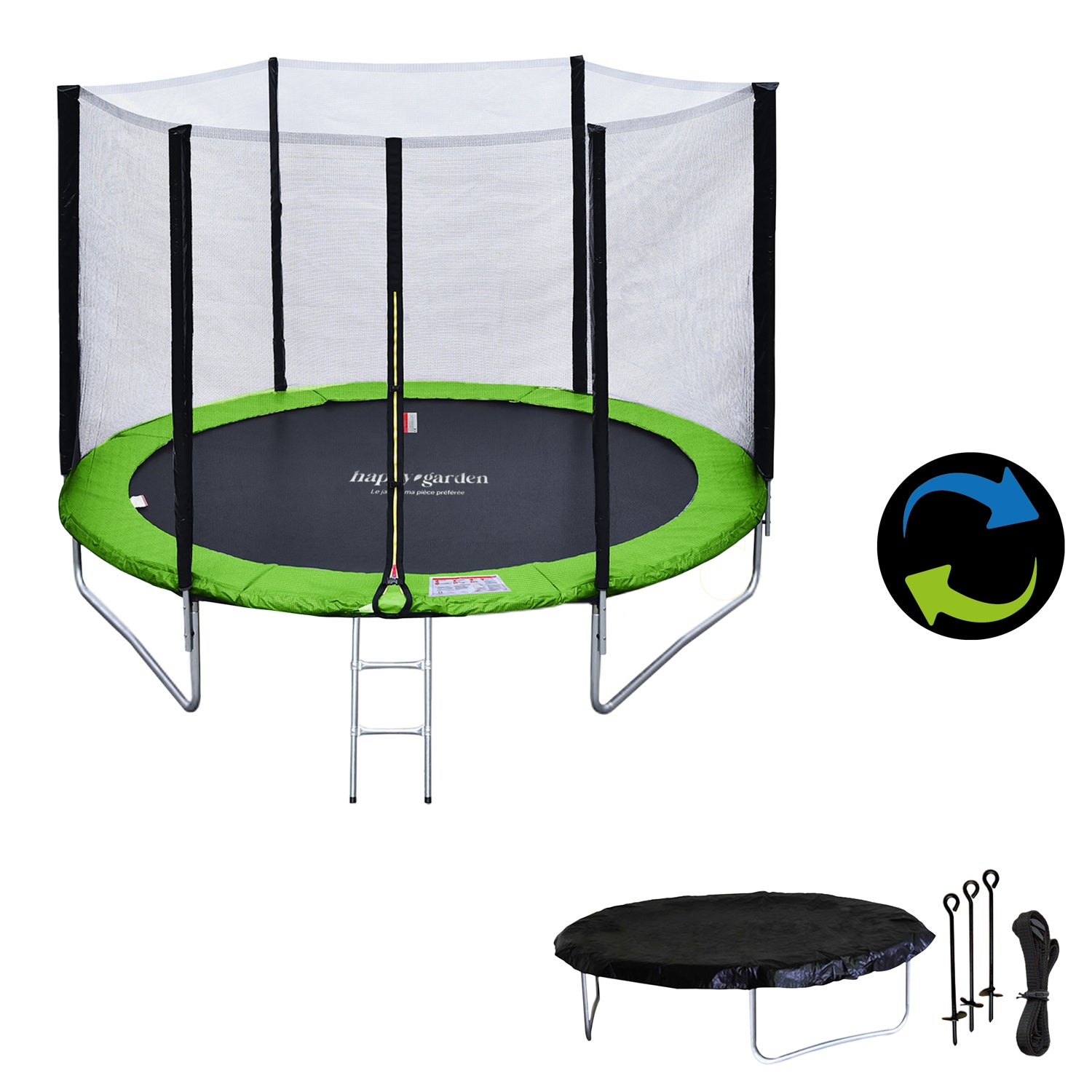 Cama elástica de 180 cm reversible verde / azul CAIRNS + red, escalera ...