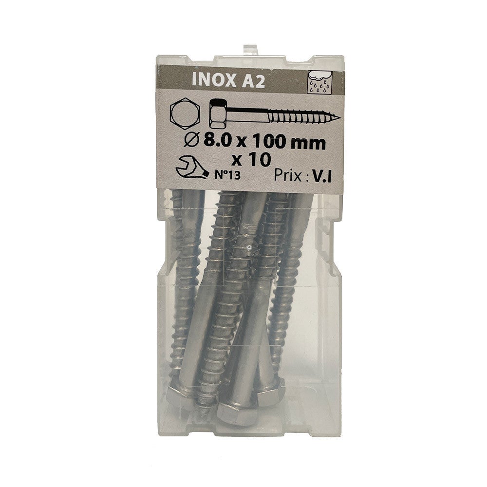 Boite 10 vis à bois 8 x 100mm tête hexagonale inox A2 - Vissal | Leroy ...