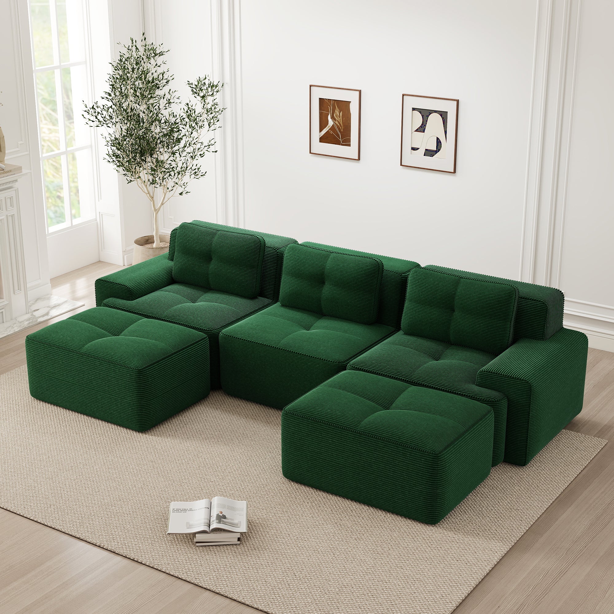 Canapé Modulaire de U, Velours côtelé Canapé 3 Places avec 2 Tabouret ...