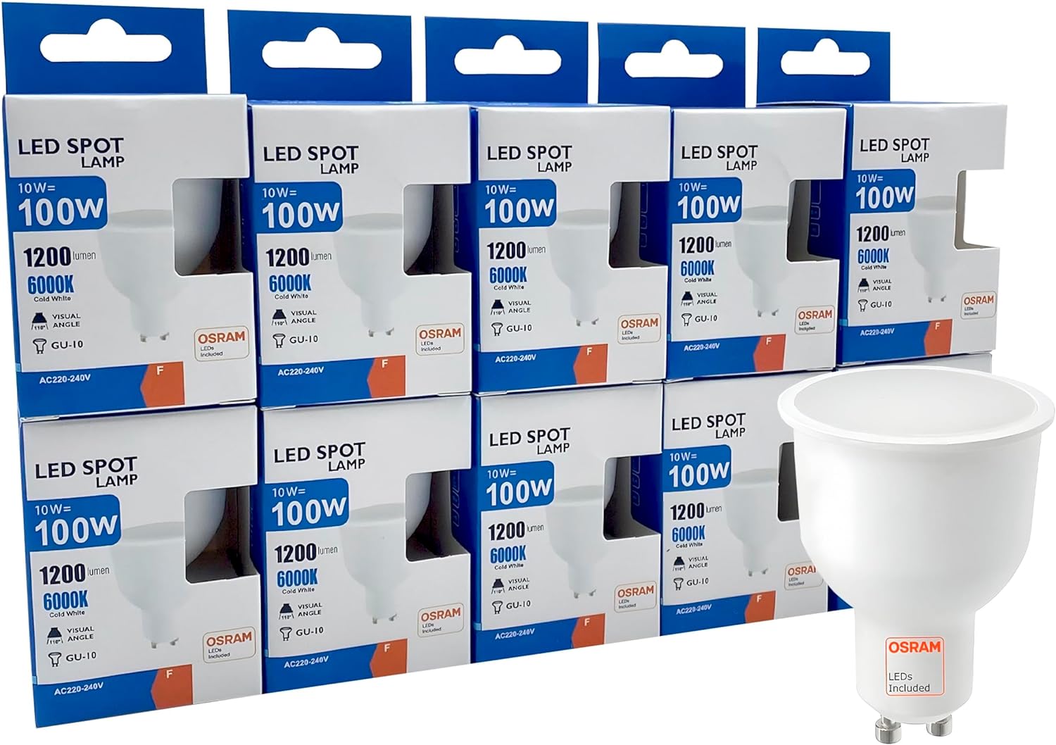 Pack 10 Bombillas LED GU10 10W 1200Lm Osram Chip, 220V, ángulo apertura ...