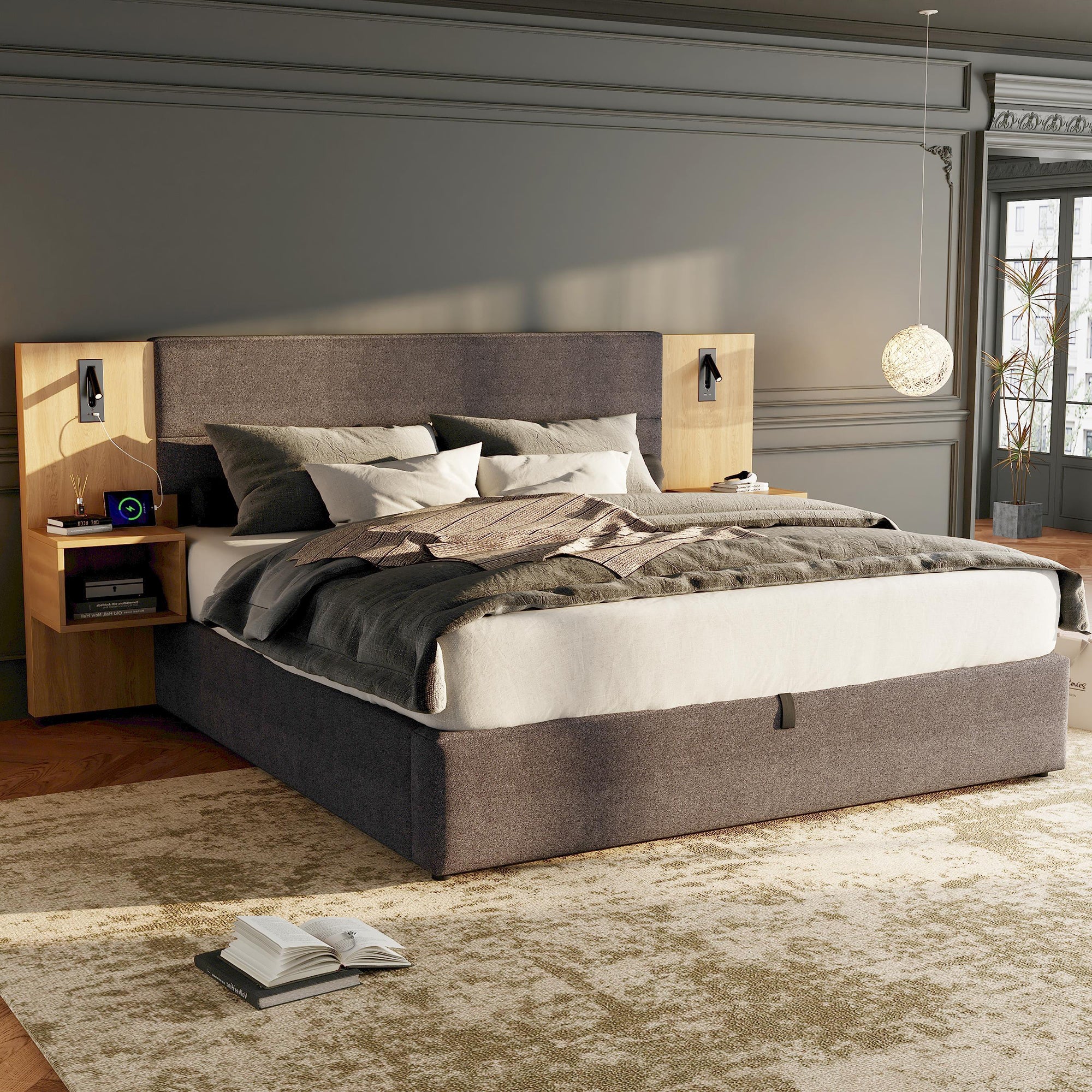 Lit capitonné 160 x 200 cm - Lit hydraulique, port USB, éclairage, deux ...