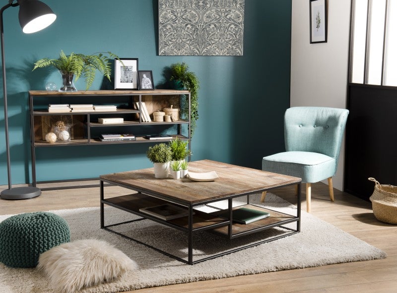 SIXTINE - Table basse carrée avec tablettes 100x100cm bois Teck recyclé ...