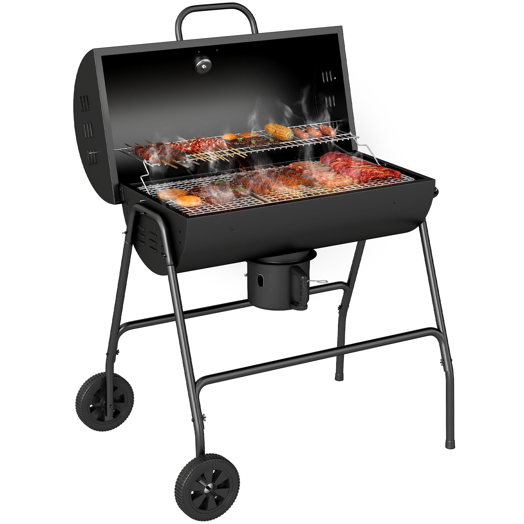 Barbecue à charbon de bois en métal avec couvercle, thermomètre, bac à ...