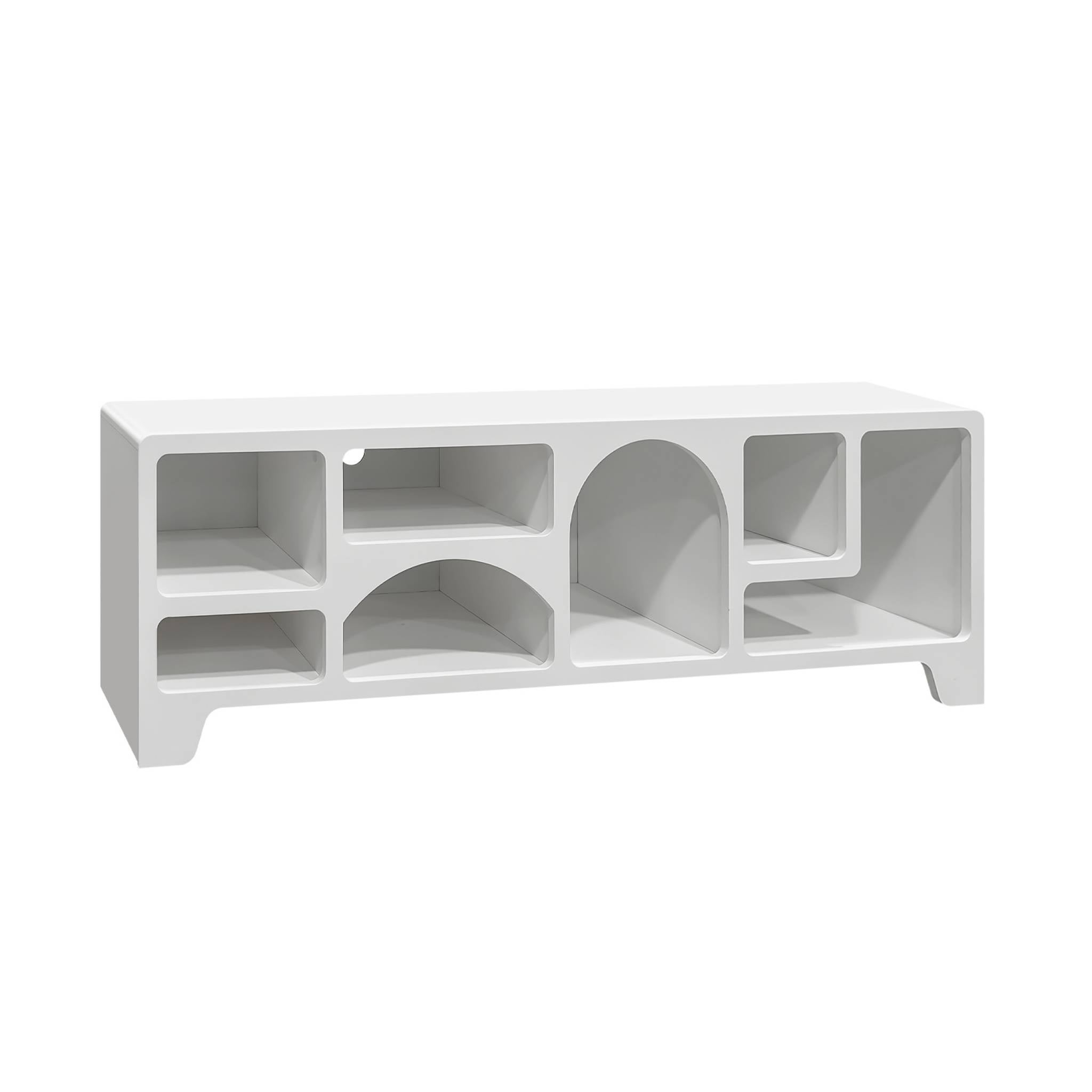 Meuble tv organique effet bois blanc 160cm avec 7 niches de rangement ...