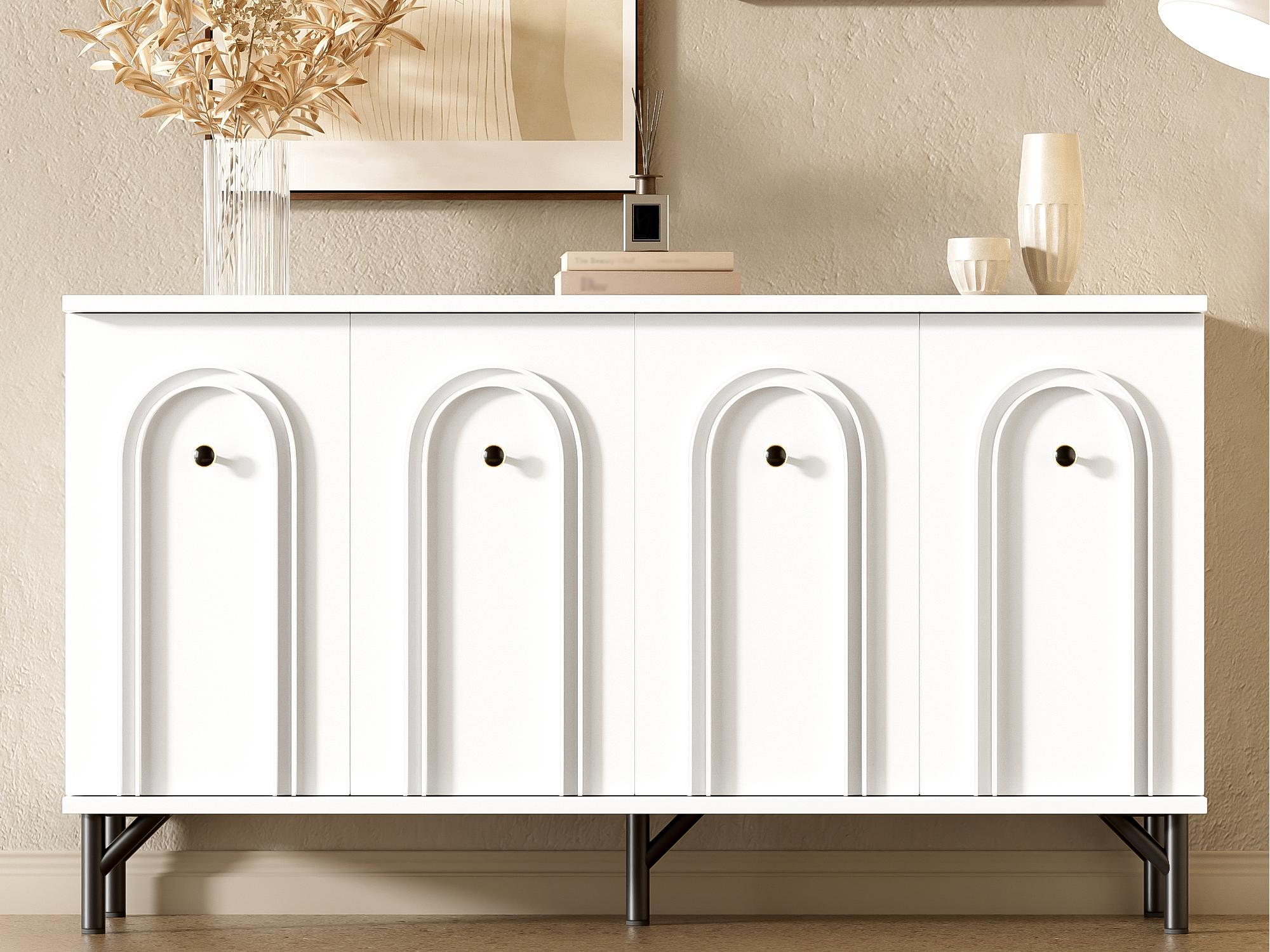 Buffet moderne 140x34x78cm - avec 4 portes - étagères réglables - blanc ...
