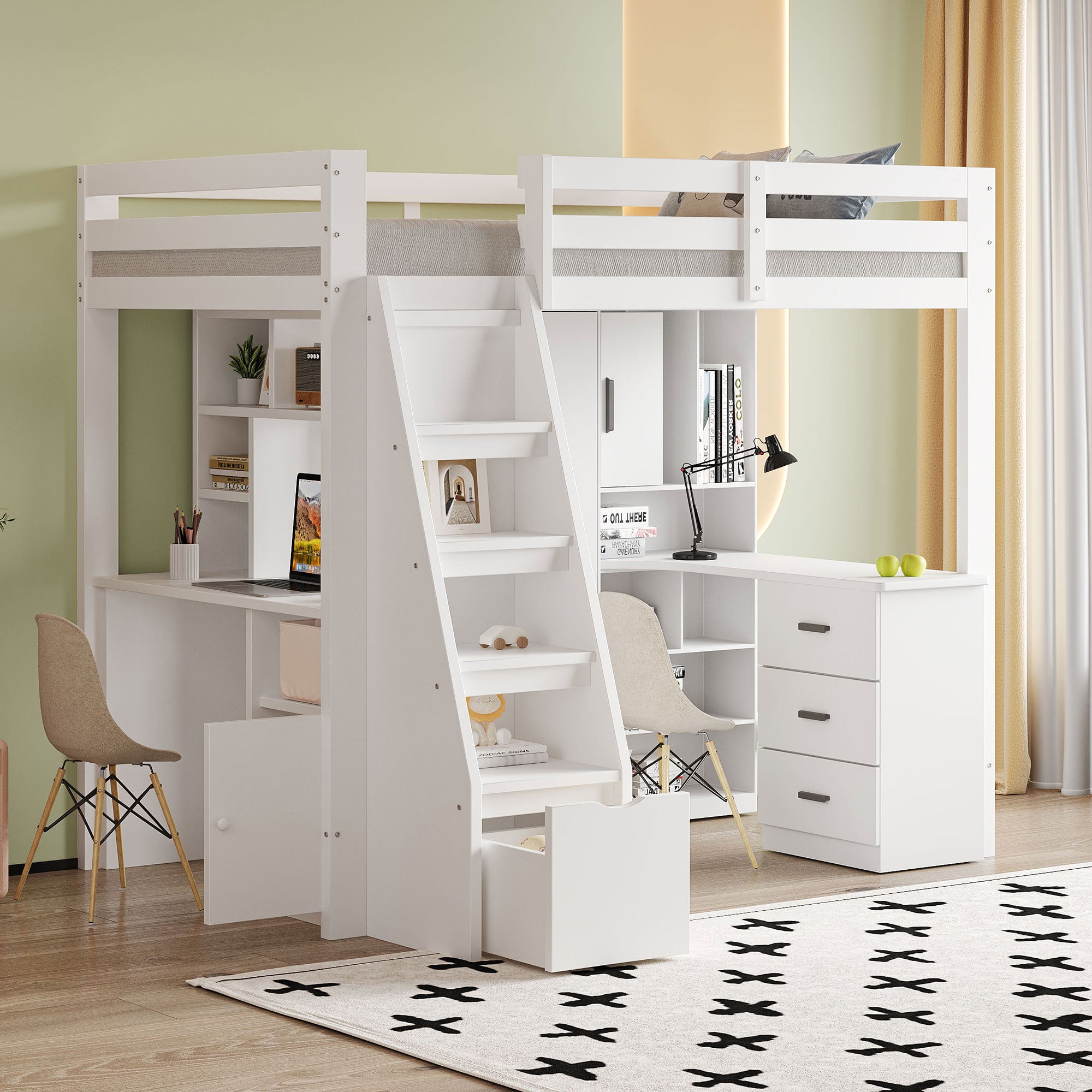 Lit mezzanine 90*200 cm, table de travail avec étagères et placards ...