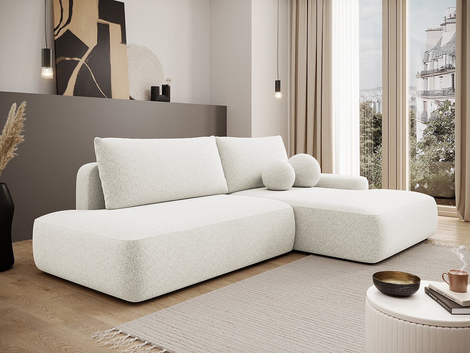 Canapé d'angle droit ouvert convertible en tissu chiné crème DAVISO ...
