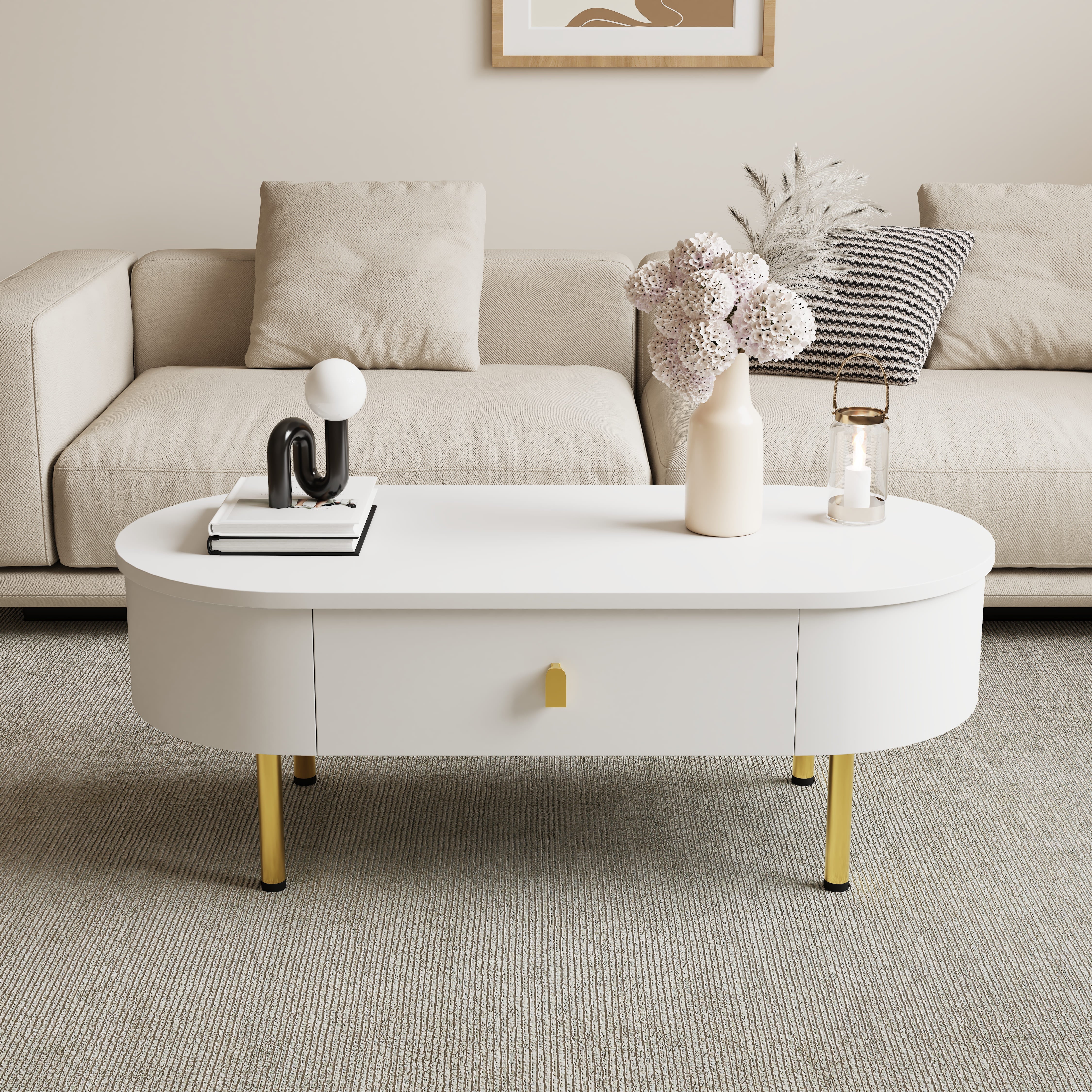 URBAN MEUBLE Table basse ovale blanche avec tiroirs et pieds dorés ...