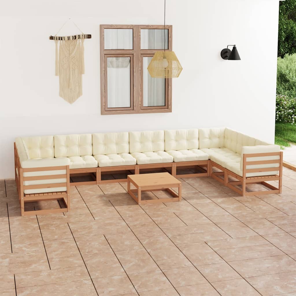 Muebles de jardín 11 piezas con cojines Marrón miel Madera de pino ...